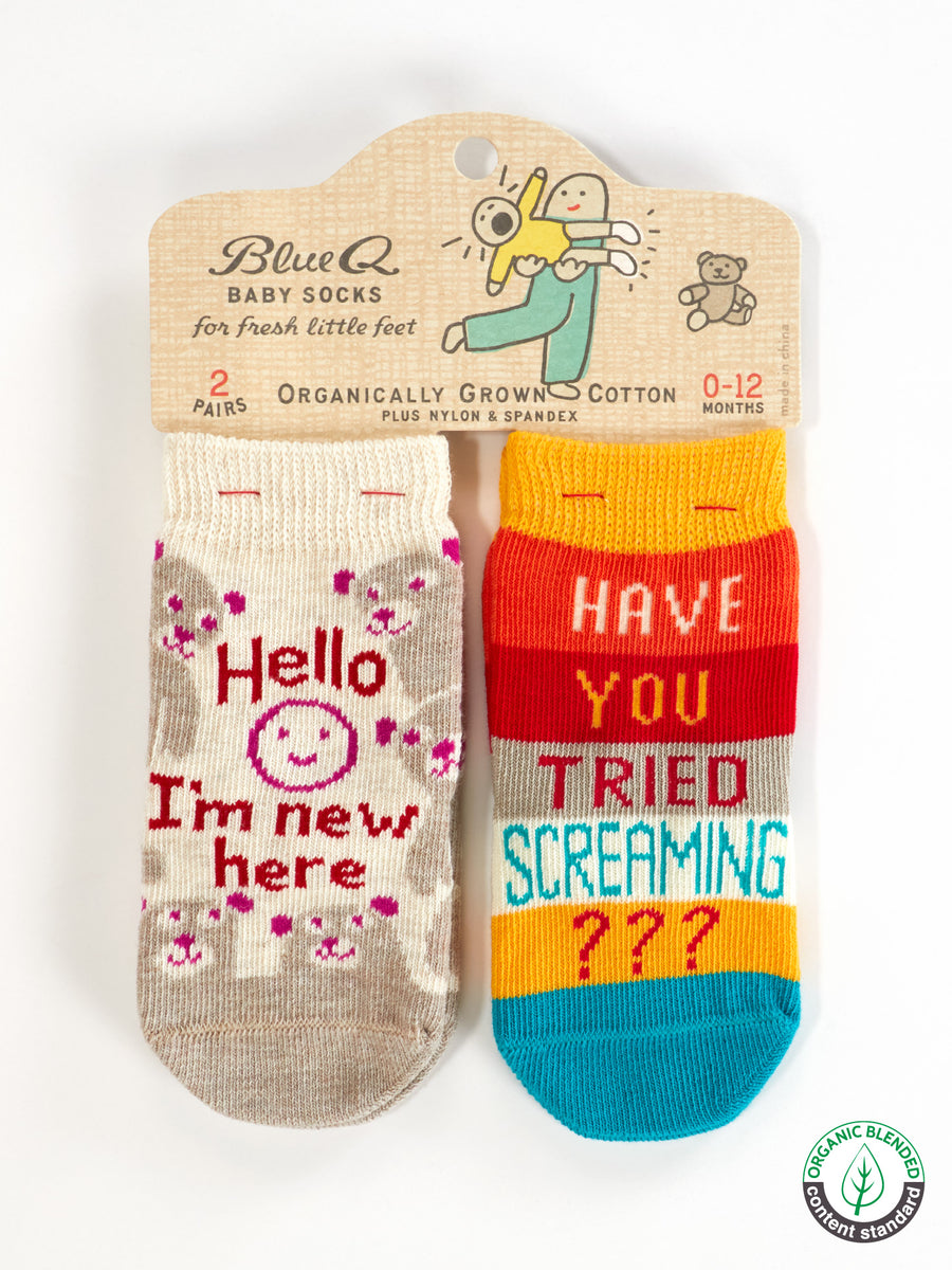 Hello I'm New Here/ Have You Ever Tried Screaming??? Baby Socks – Blue Q